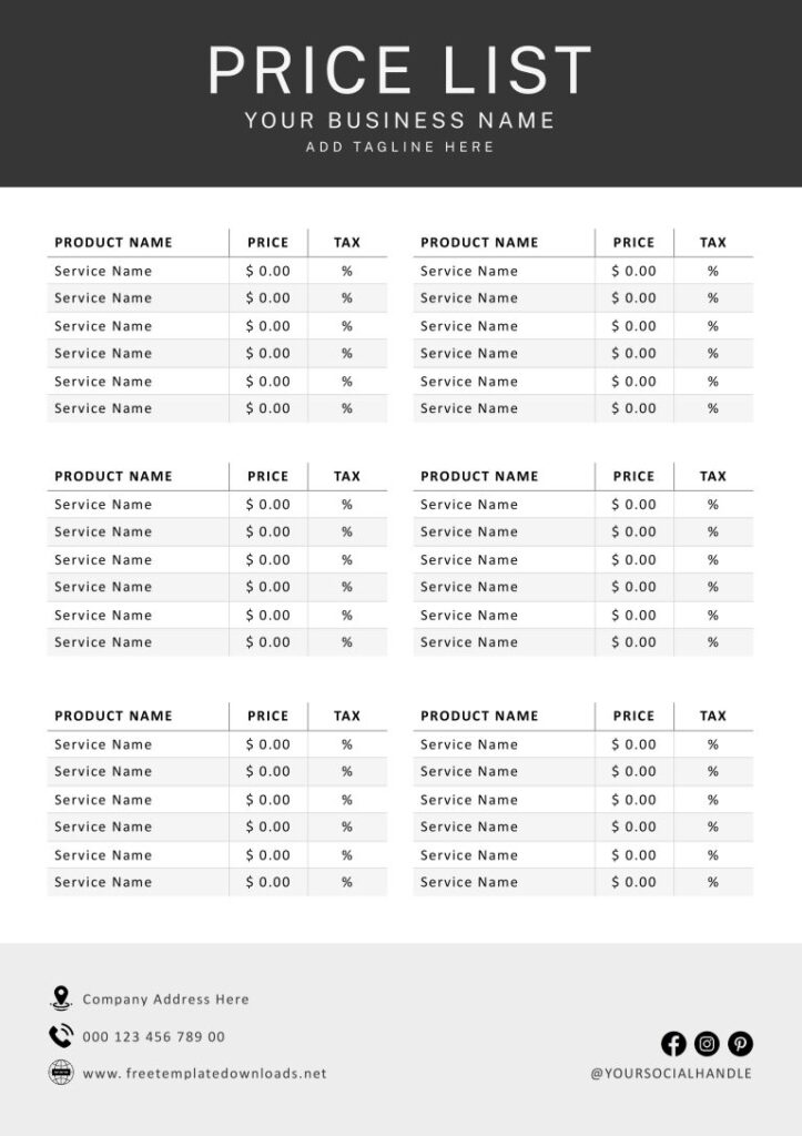 Printable Price List Templates - Free Template Downloads